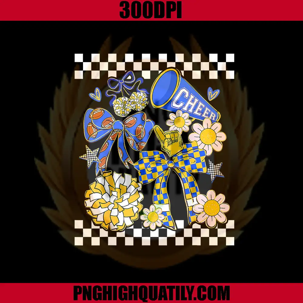 Retro Blue & Gold Cheer Football PNG, Game Day Coquette Bow PNG
