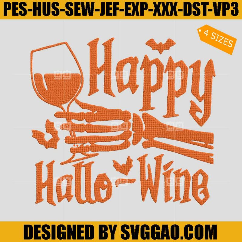 Happy Hallo Wine Embroidery Design, Skeleton Halloween Embroidery File