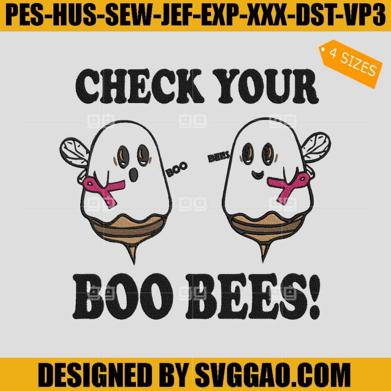 Check Your Boo Bees Embroidery Design, Breast Cancer Awareness Halloween Embroidery File