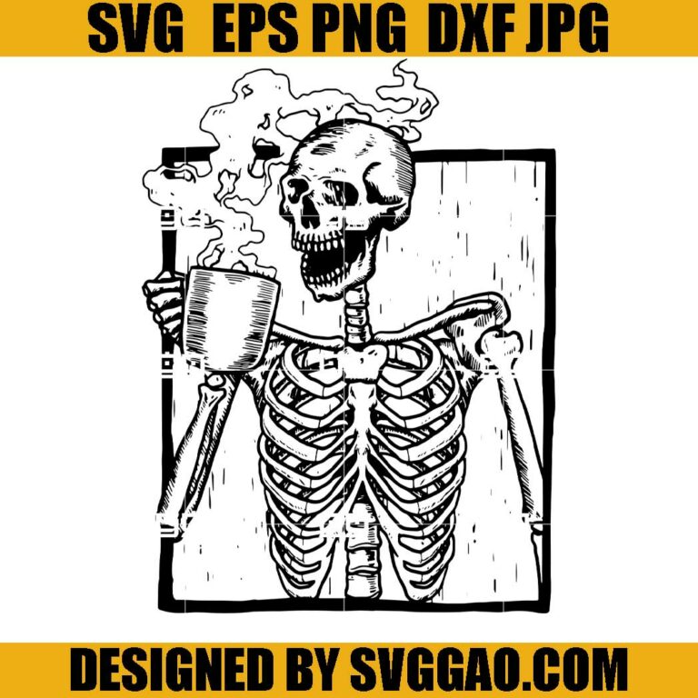 Skeleton Drinking Coffee SVG, Black Skeleton Coffee Halloween SVG