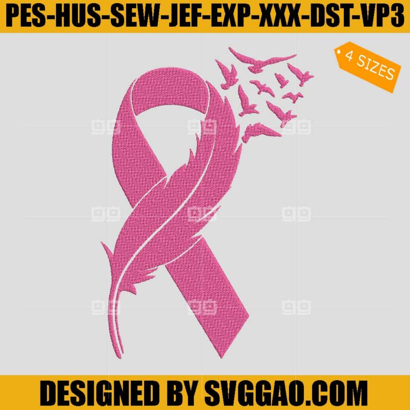Feather Pink Ribbon Embroidery Design, Breast Cancer Embroidery File
