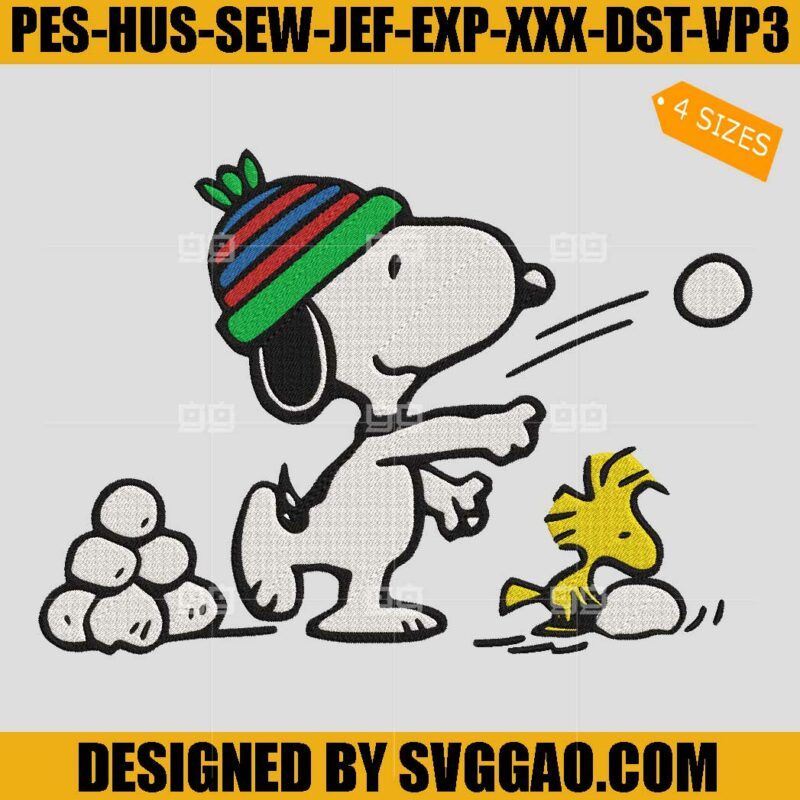 Snoopy Snowball Fight Embroidery Design, Snoopy Christmas Embroidery File
