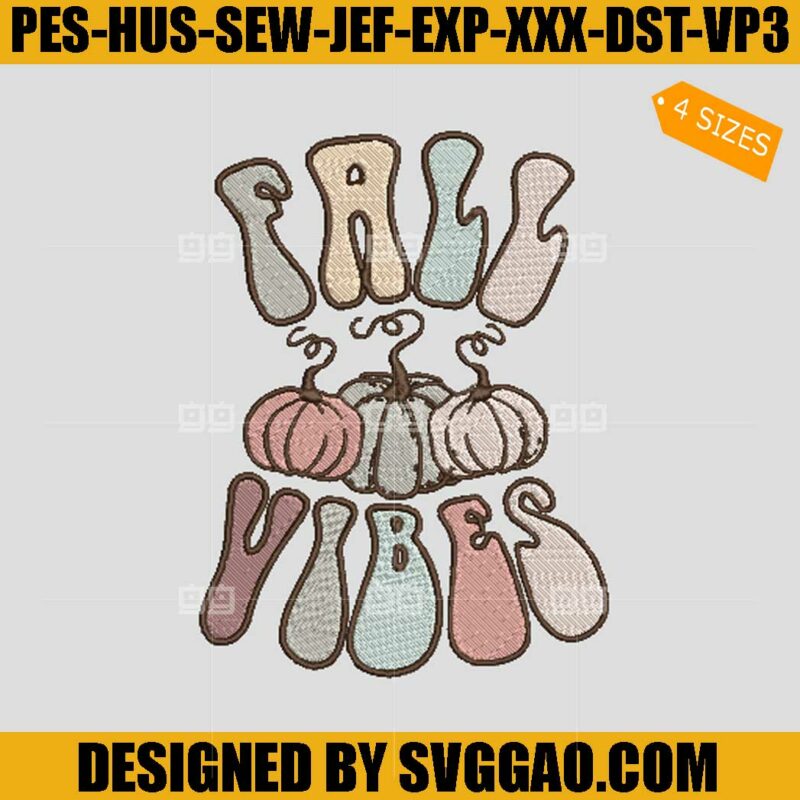 Fall Vibes Retro Embroidery Design, Pumpkin Fall Embroidery File