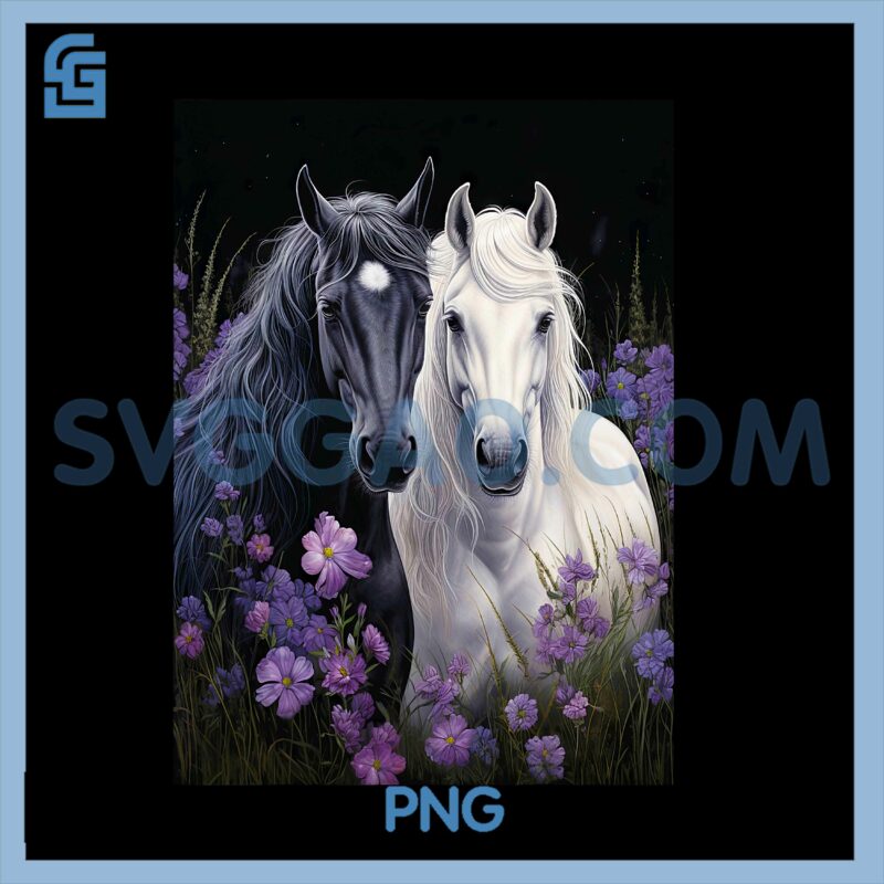 2 Horses Standing PNG, In A Meadow With Flowers PNG
