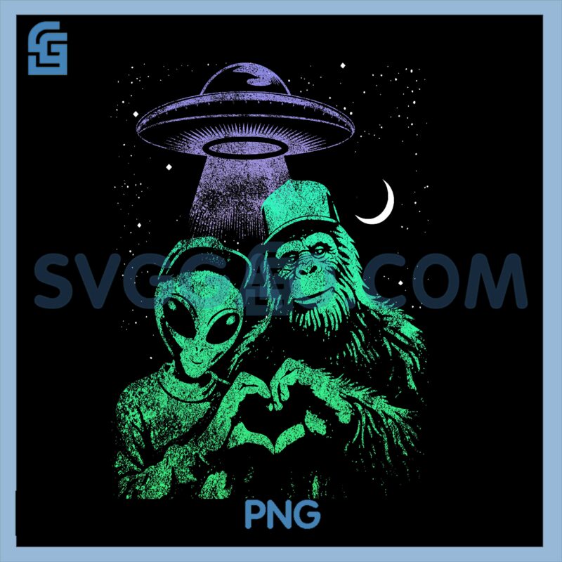 Bigfoot And Alien Tees PNG, Sasquatch Love Hand Sign PNG