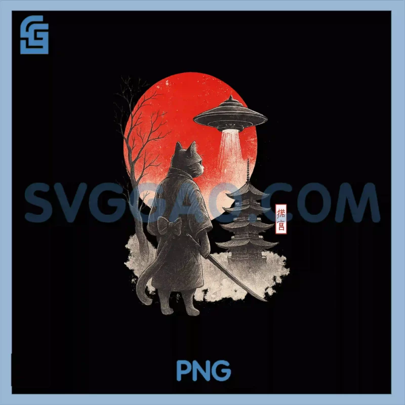 Samurai Ninja PNG, Cat Warrior UFO Japanese Anime Gifts PNG