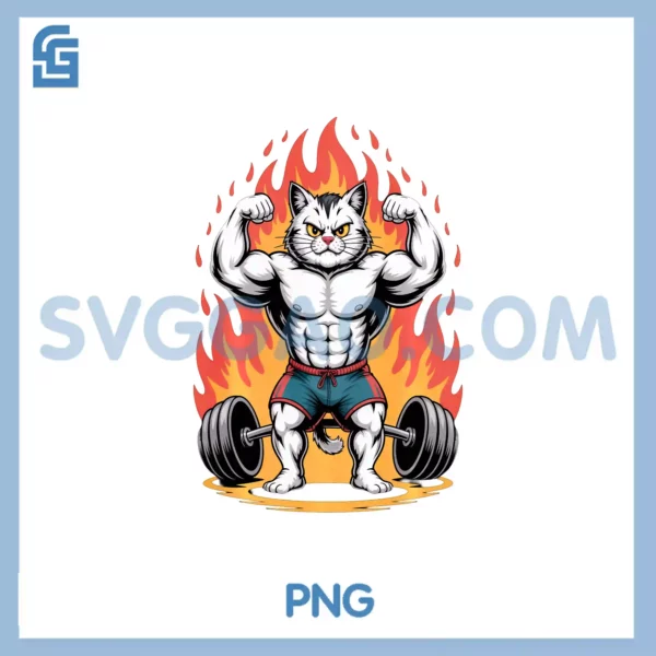 Buff Cat Gym Meme Flexing With Fire PNG, Muscular Cartoon PNG