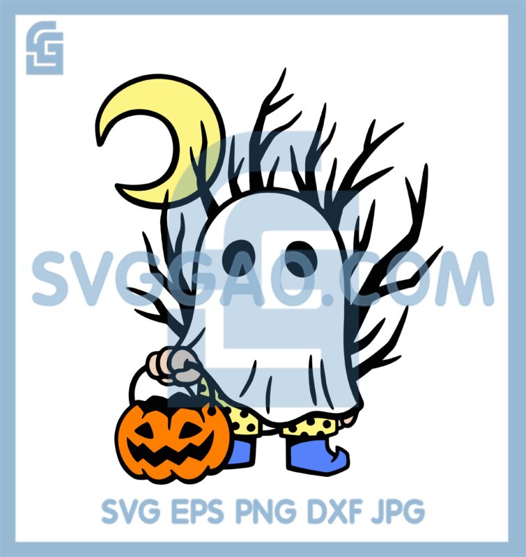 Ghost Holding Pumpkin Svg, Cute Ghost Svg, Ghost Moon Svg