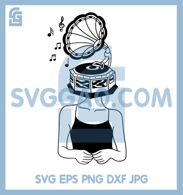 Girl with record player head SVG, Music notes SVG – SVGGAO