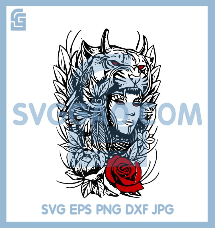 Girl With Tiger Rose Svg, Girl Tiger Svg, Woman And Rose Svg, Tiger Svg