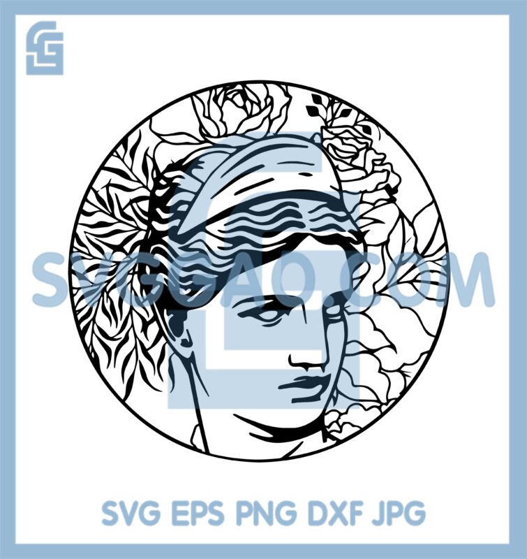 Greek Statue Head Floral Circle Svg, Flower Tattoo Ink Mythology Svg