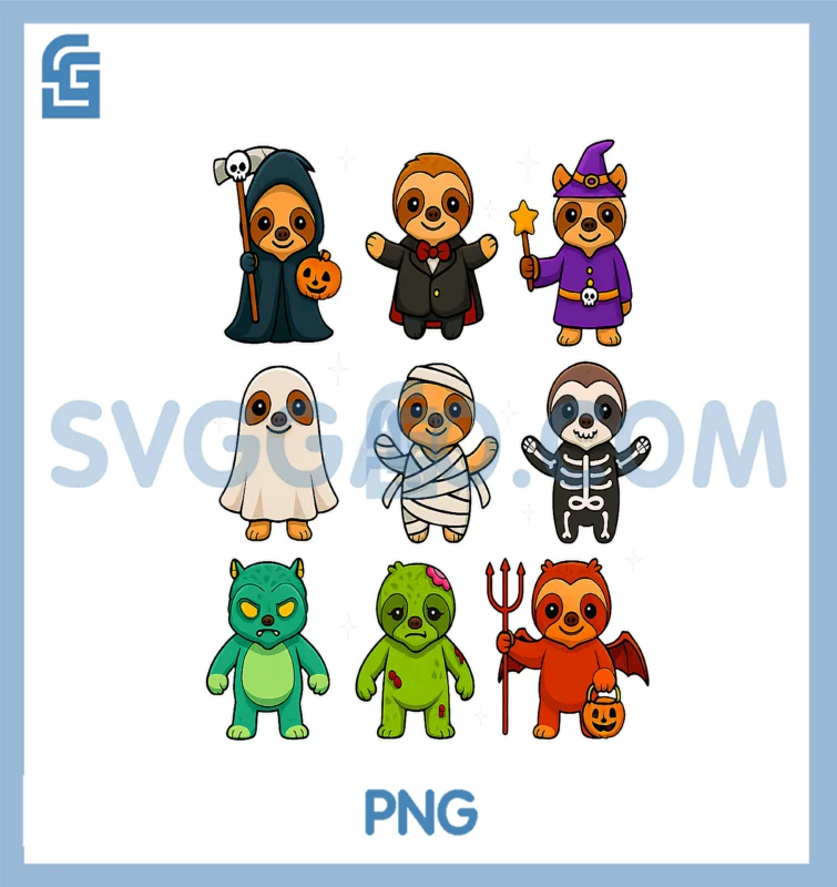 Cute Sloths Witch Pumpkin Skeleton Happy Halloween PNG