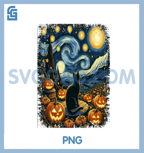 Halloween Van Gogh Starry Night Black Cat Pumpkins Men Women Kids PNG ...