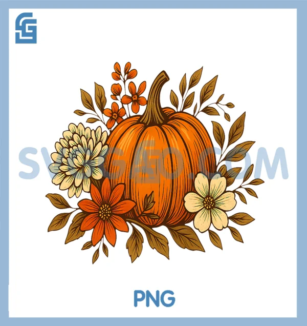 Retro Pumpkin & Flowers Fall PNG, Autumn Season Thanksgiving Day PNG