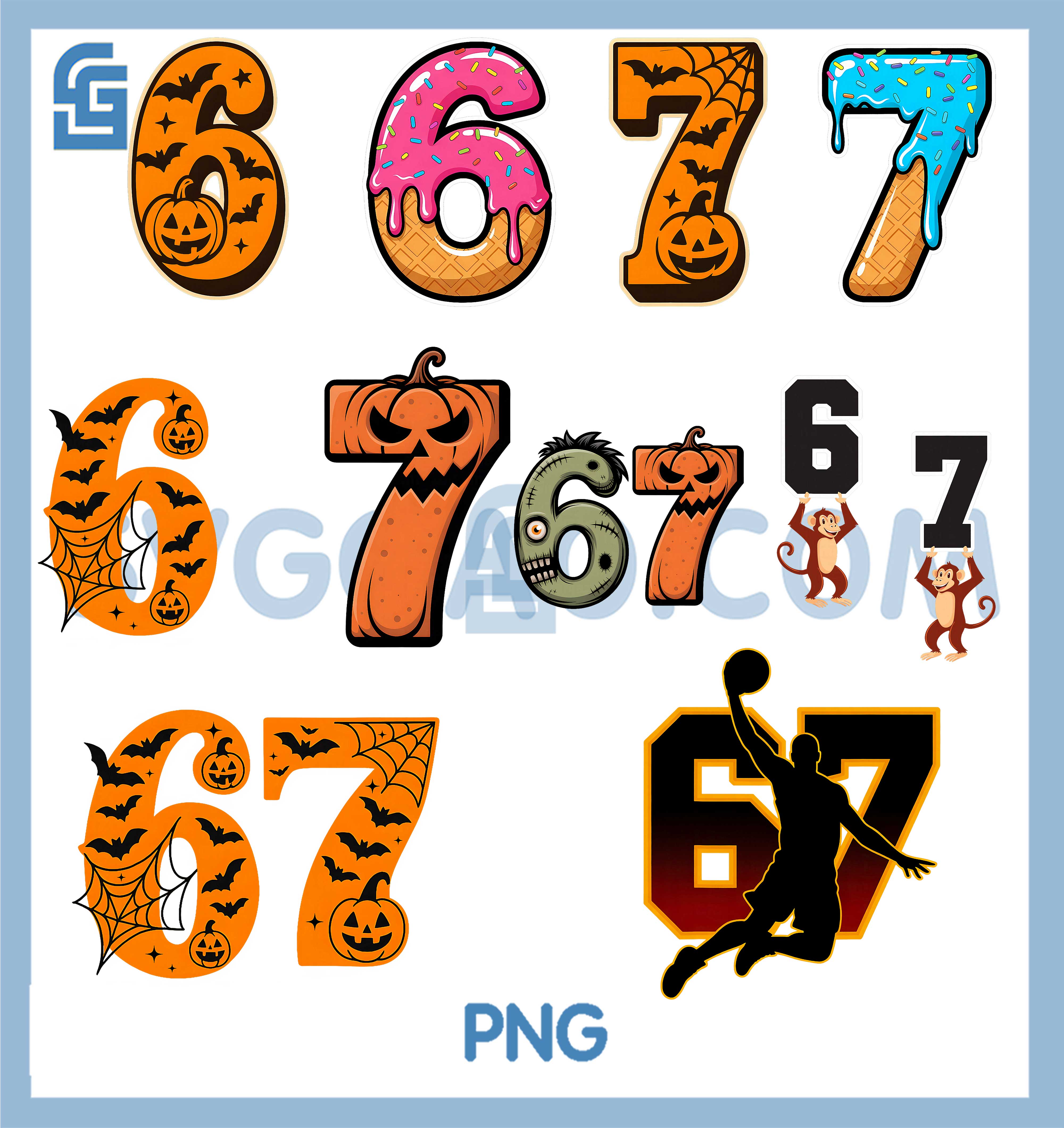 67 Halloween Six Seven PNG Bundle, Brainrot Meme Funny 6 7 Bundle PNG