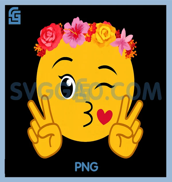 Funny Emoticon Peace PNG, Winking Flower Crown Lips Blowing Kiss PNG
