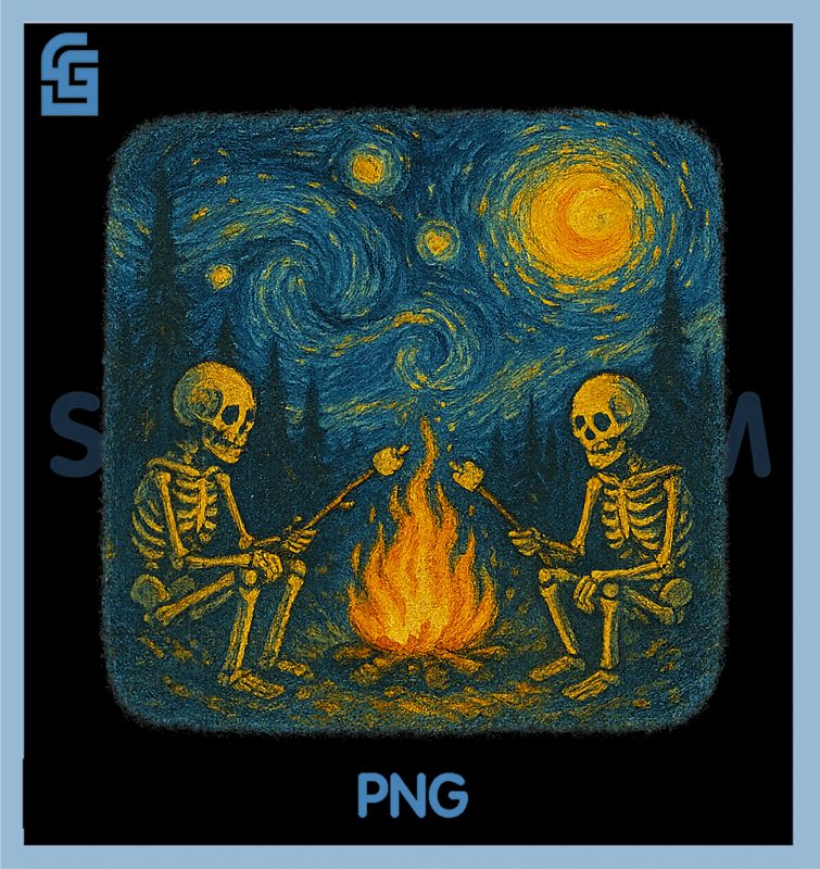 Funny Skeleton Campfire PNG, Starry Night Halloween Spooky Art PNG – SVGGAO