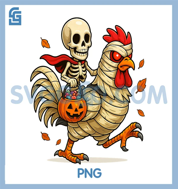 Funny Skeleton Riding PNG, A Mummy Chicken Halloween PNG