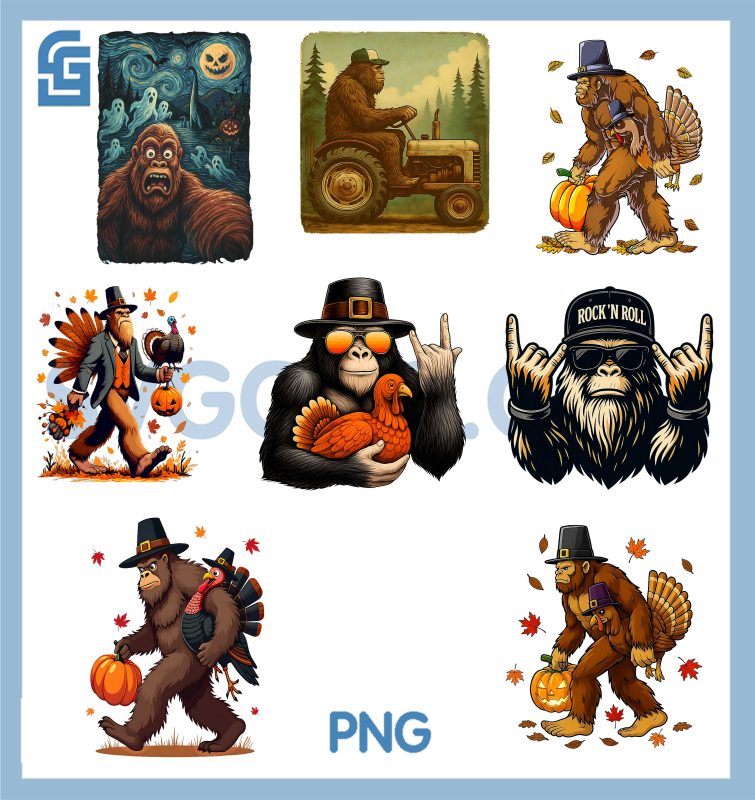 Bigfoot Pilgrim Turkey PNG Bundle, Pumpkin Thanksgiving Day Bundle PNG ...