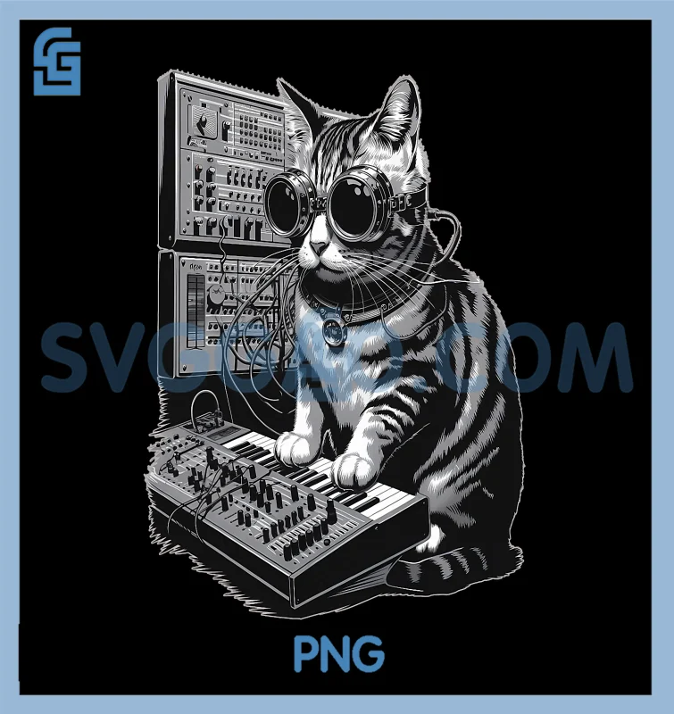 Steampunk Cat Playing Synthesizer PNG, Synth Kitten Techno Music PNG