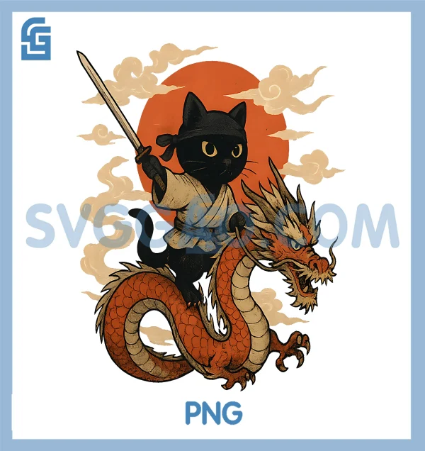 Vintage Japanese Samurai Cat PNG, Ninja Dragon PNG, Kawaii Anime Lover PNG