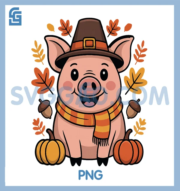 Cute Pig Thanksgiving Day PNG, Fall Pumpkin Leaves Acorns PNG