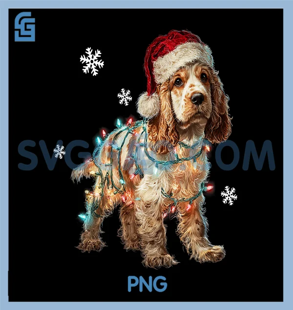 Funny Cocker Spaniel Dog PNG, Santa Merry Christmas Lights PNG – SVGGAO