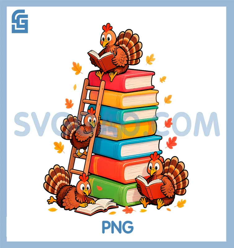 Turkey Reading Books PNG, Fall Teacher Librarian Thanksgiving PNG