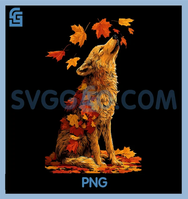 Cute Wolf with Fall Leaves PNG, Forest Animal Autumn Aesthetic PNG – SVGGAO