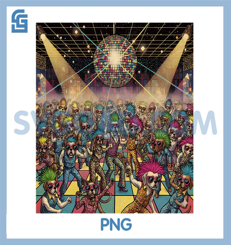 Disco Dogs Dance Party PNG, Funky Retro Canine Club Art PNG