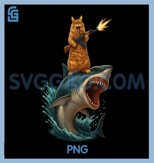 Cat Riding Shark PNG, Funny with Gun Cartoon Meme PNG – SVGGAO