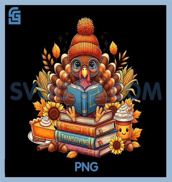 Turkey Reading Books PNG, Fall Thanksgiving Teacher Book Lovers PNG