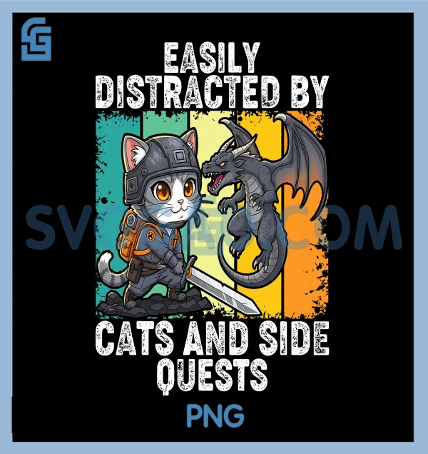 Easily Distracted By Cats And Side Quests PNG, Funny RPG Cat PNG