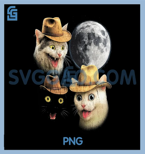 Retro Cowboy Cat PNG, Trio Under Full Moon Meme PNG – SVGGAO
