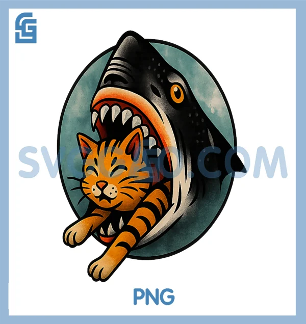 Shark & Cat Mashup PNG, Retro Ocean Meme Cute Cartoon PNG – SVGGAO