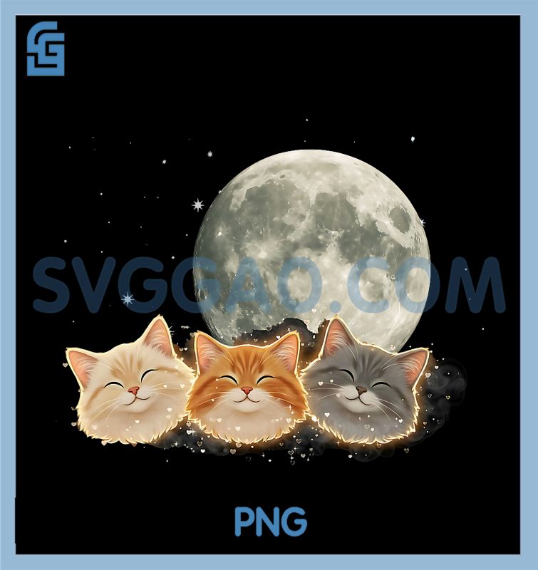 Smiling Moon Cat PNG, Trio Under Full Moon Night Sky PNG – SVGGAO