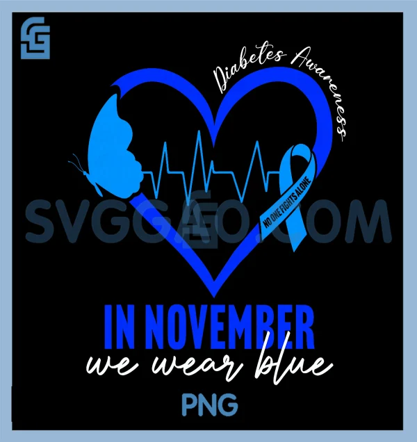 In November We Wear Blue PNG, Diabetes Awareness Heart Ribbon PNG
