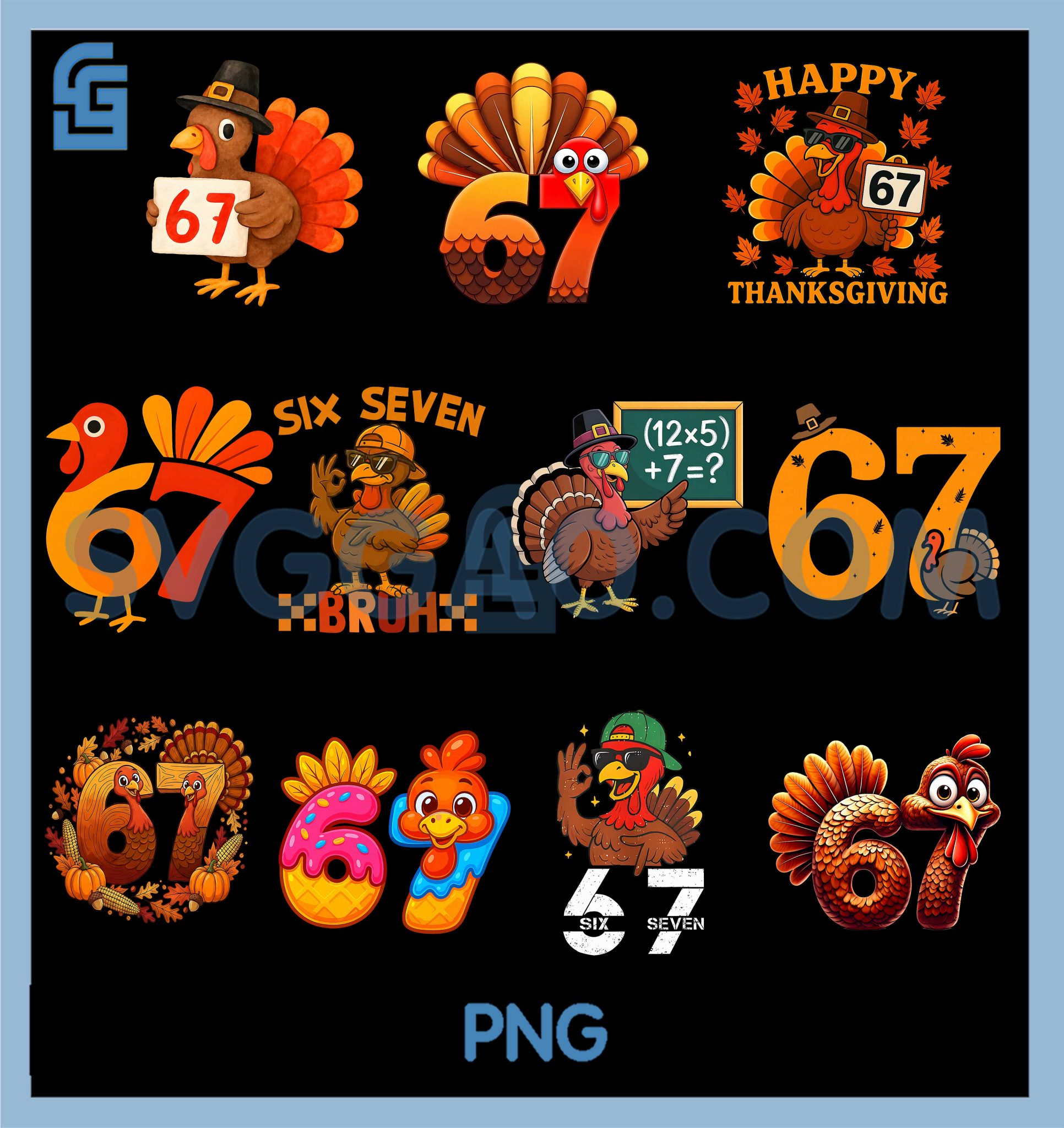 67 Meme Happy Thanksgiving PNG Bundle, Turkey Funny Six Seven Brainrot ...