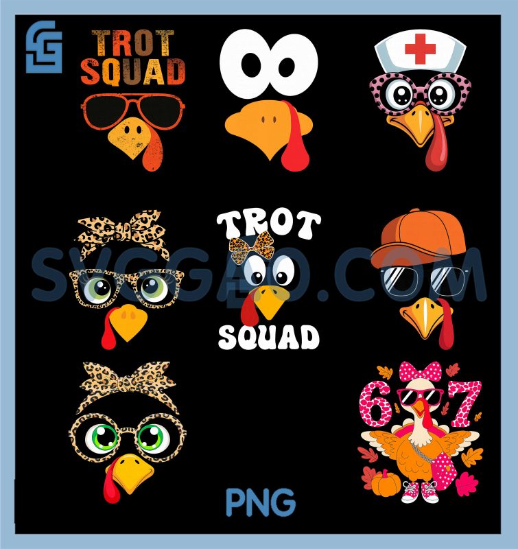 Funny Turkey Trot Squad Faces PNG Bundle, Colorful Thanksgiving Turkeys ...