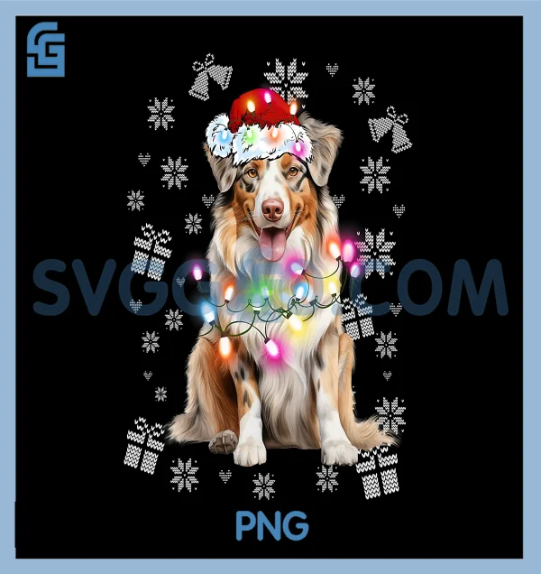 Australian Shepherd PNG, Wrapped In Christmas Lights Dog PNG