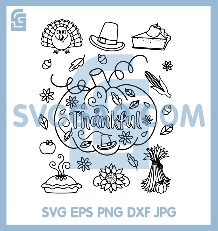 Thankful Pumpkin Doodle SVG, Cute Thanksgiving Line Art Elements SVG