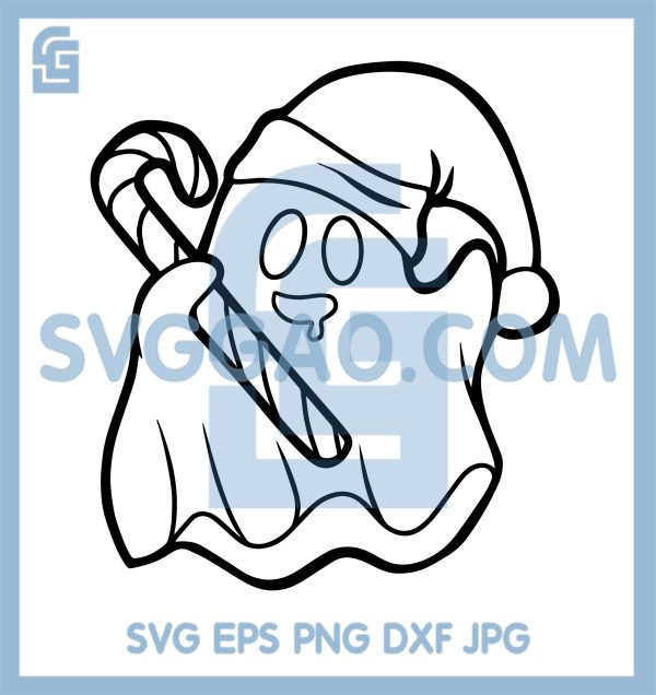 Cute Christmas Ghost Candy Cane SVG, Adorable Santa Hat Holiday Art SVG ...