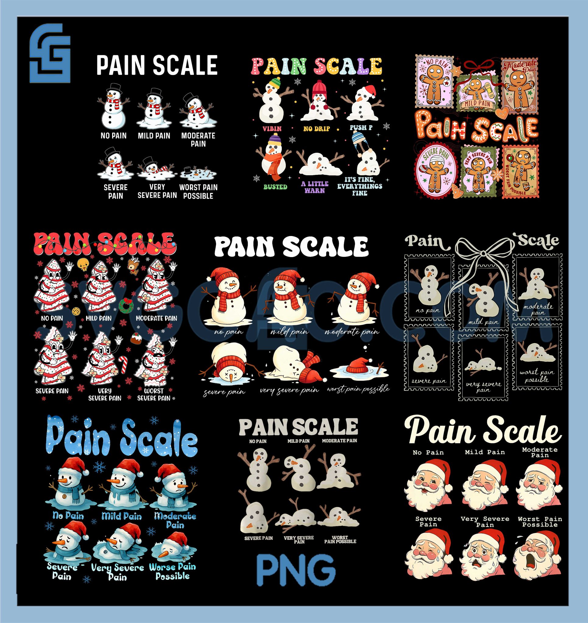 Christmas Snowman Pain Scale PNG Bundle, Funny Holiday Pain Level Chart ...