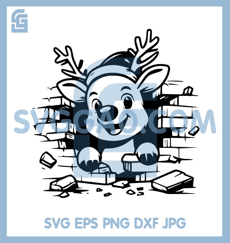 Adorable Reindeer Breakout SVG, Cute Holiday Deer Crashing Wall Art SVG