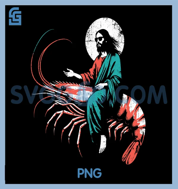 Jesus Riding A Shrimp PNG, Funny Christian Prawn Lover PNG