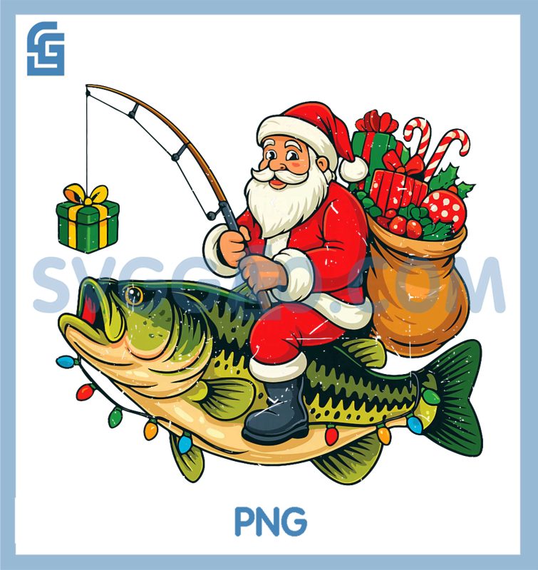 Santa Riding Bass Fish Christmas PNG, Chrismas Fising PNG – SVGGAO
