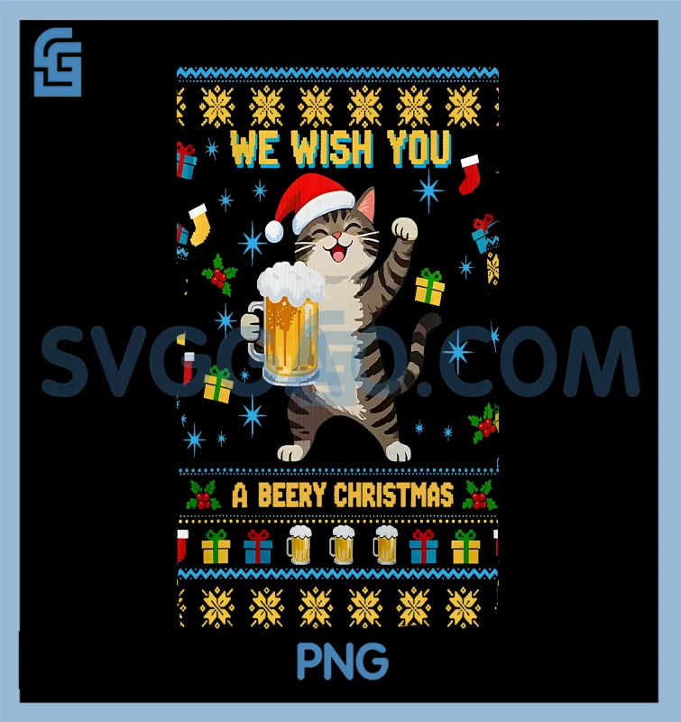 We Wish You A Beery Christmas PNG, Cute Cat Drinking Beer PNG