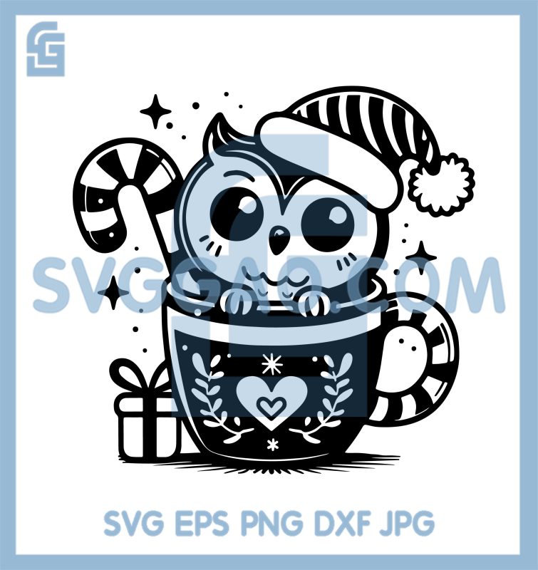 Cute Owl In Christmas Mug SVG, Festive Candy Cane And Gift Scene SVG