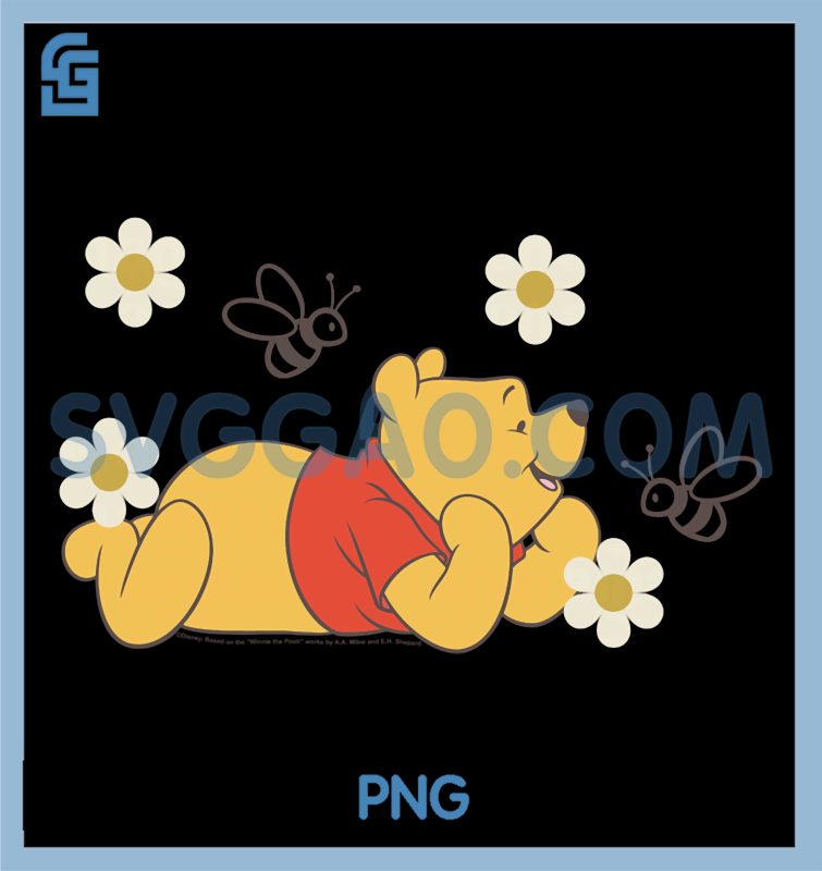 The Pooh In Nature With Bees Floral Portrait PNG, Disney Winnie PNG