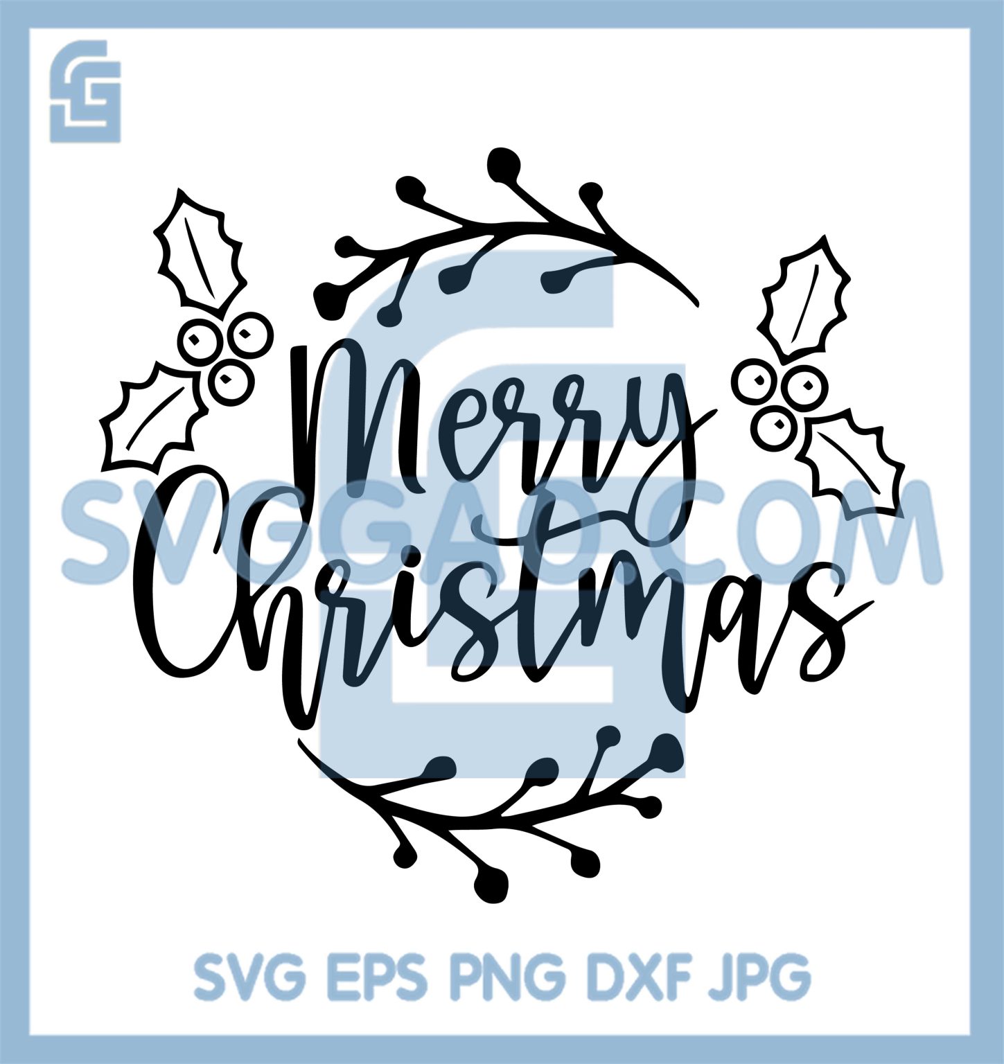 Merry Christmas Calligraphy Text SVG, Minimal Holly Branch Frame SVG